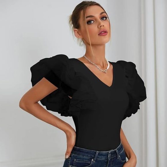 Tops | Black Layer Ruffle Sleeve Bodysuit Size Small | Poshmark